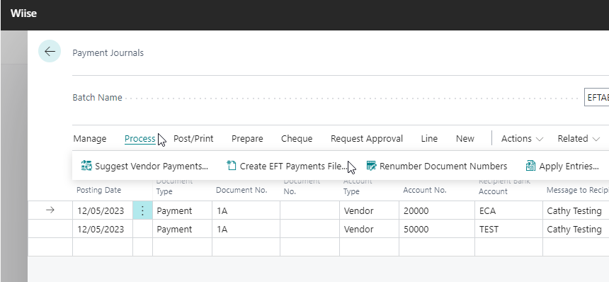 Use a payment journal to create EFT payments